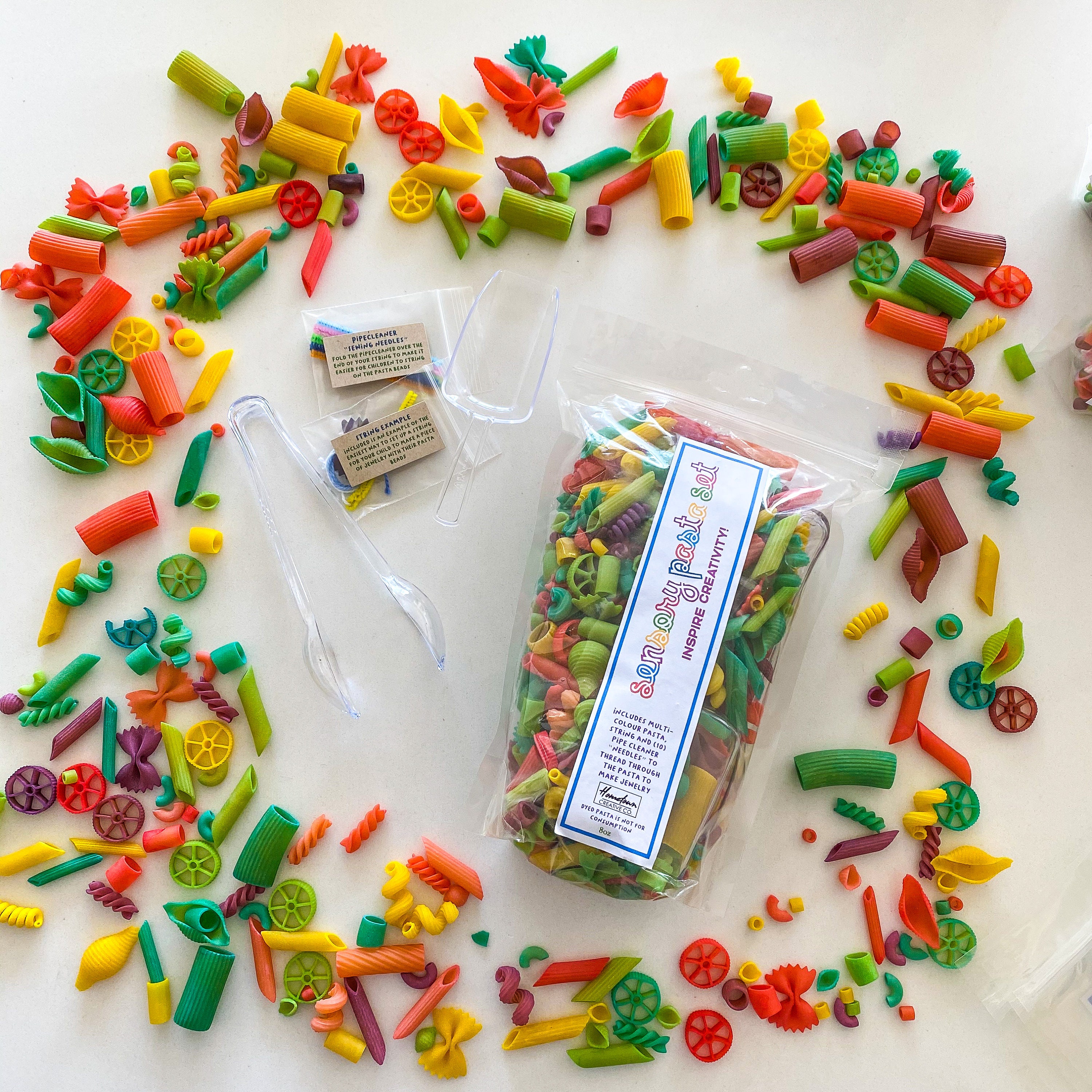 Sensory play rainbow pasta play kit - large size, includes tongs and a ...