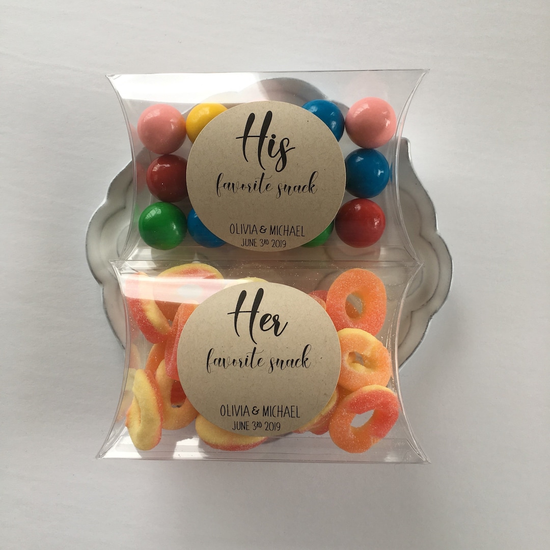 His & Her Favorite Snacks set of 10 Wedding Favor Clear Pillow Boxes ...