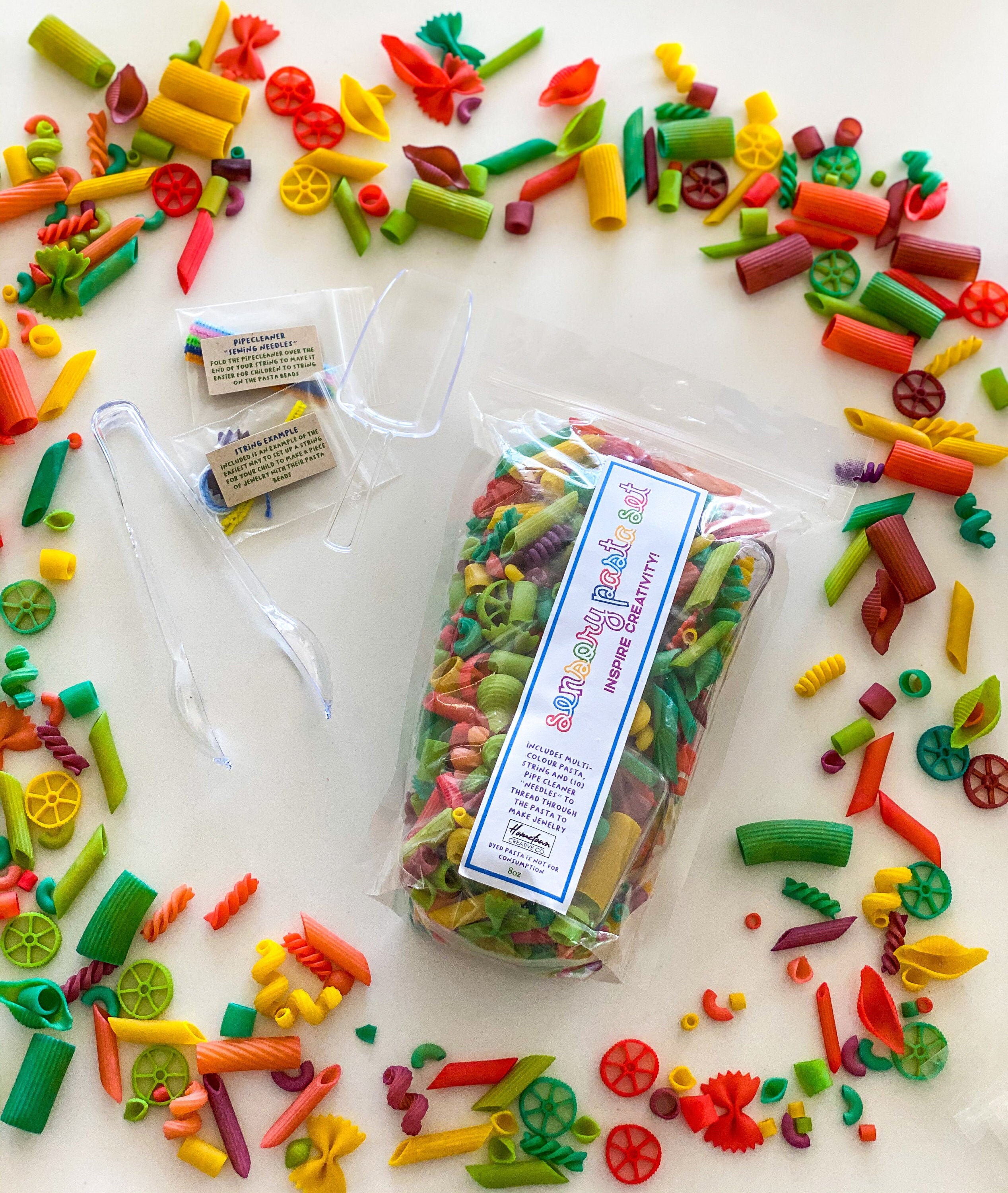 Sensory play rainbow pasta play kit - large size, includes tongs and a ...