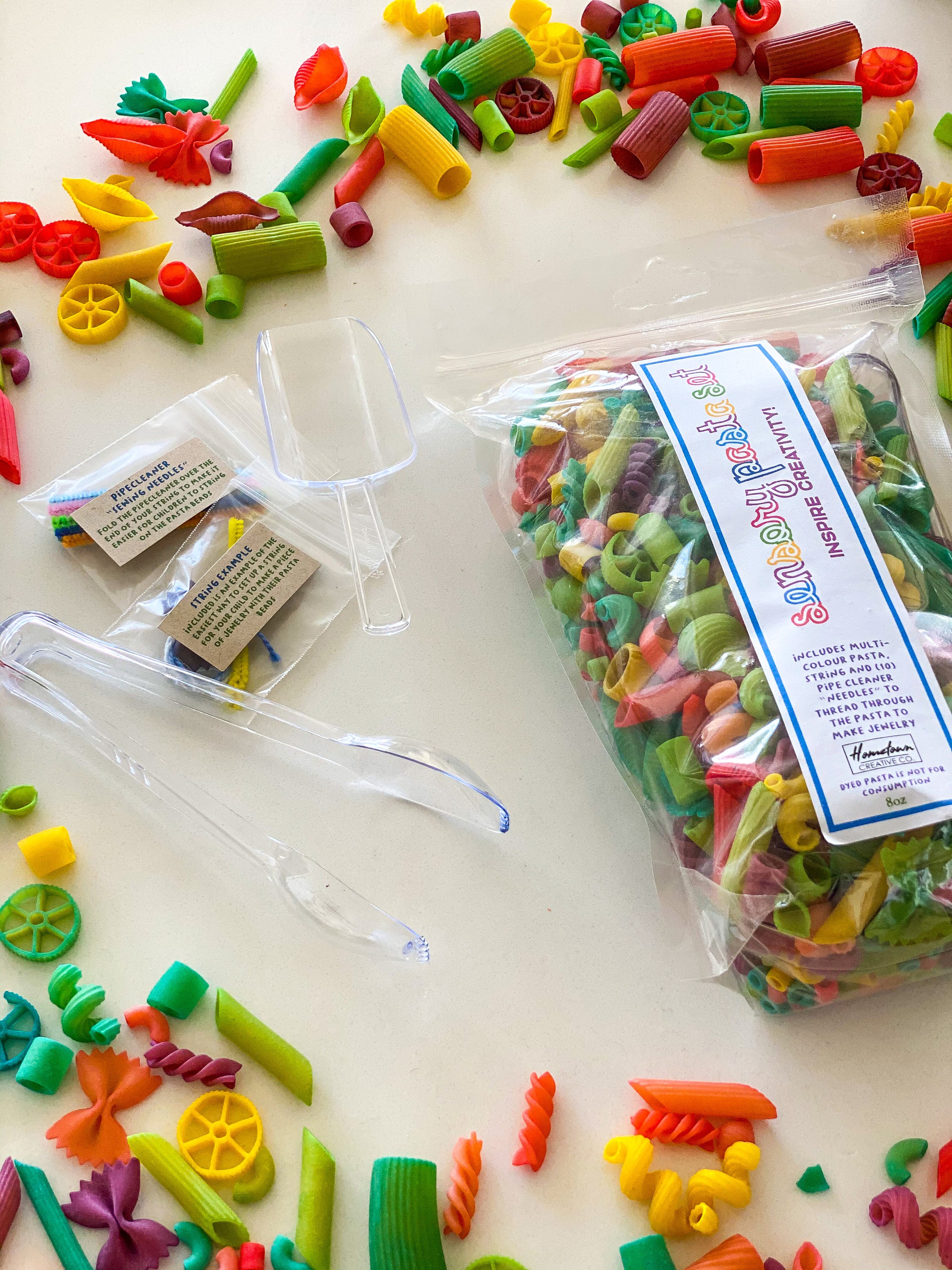 Sensory play rainbow pasta play kit - large size, includes tongs and a ...