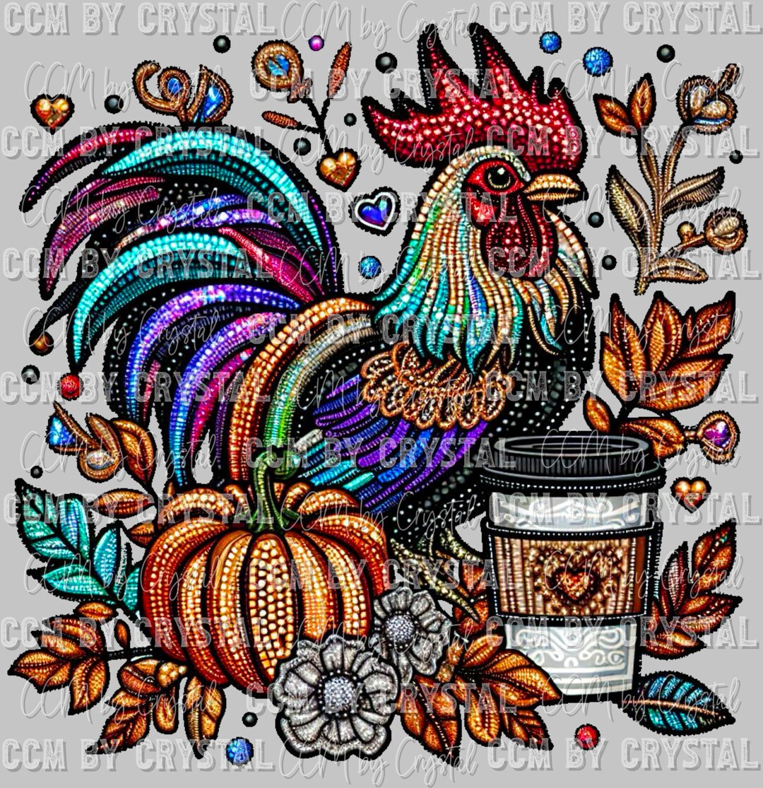 Fall Rooster Faux Rhinestone Effect Ready to Press Transfer Direct to ...