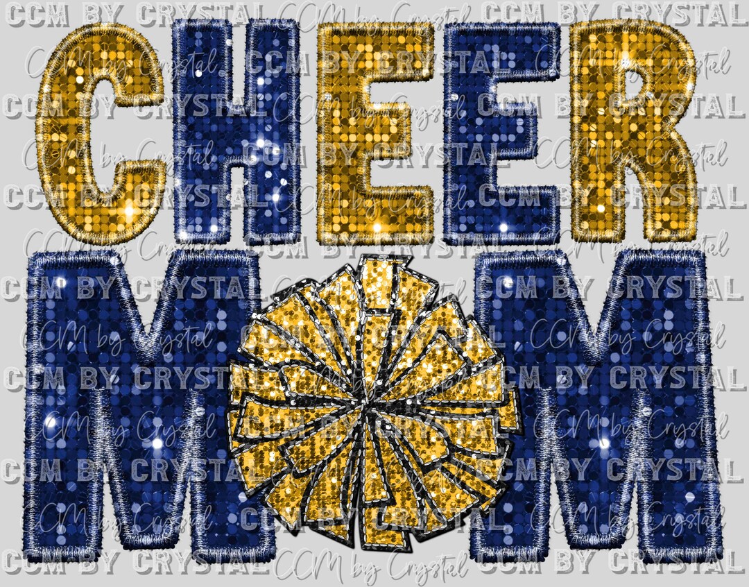 Cheer Mom Faux Sequins Faux Embroidery Blue Gold Ready to Press Transfer Direct to Film DTF ...