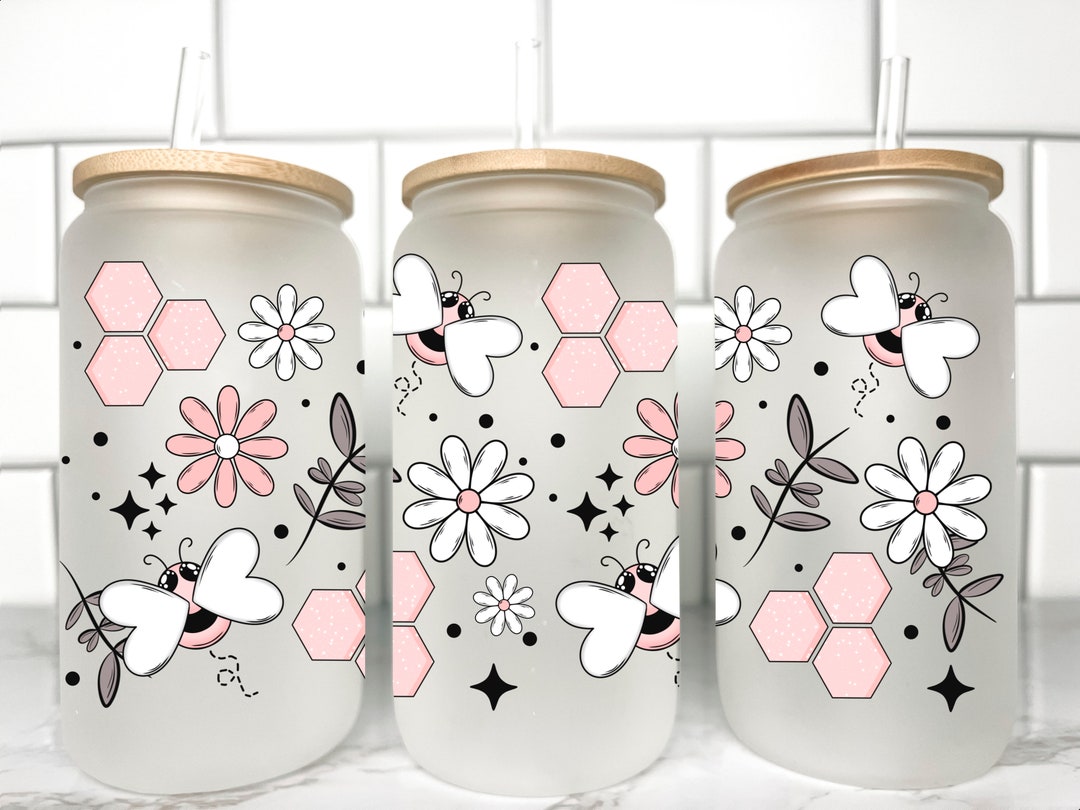 Pink Bees UV DTF Transfer 16oz Libby Glass Can Wrap Ready to Apply - Etsy