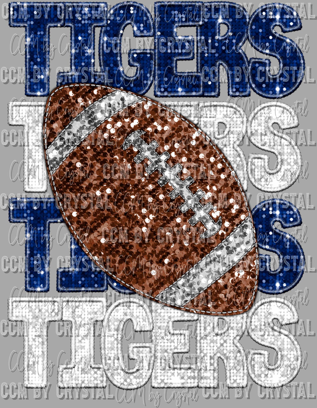 Tigers Football Blue and White Faux Embroidery Faux Sequins Mascot ...
