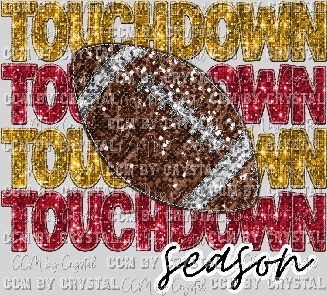 Touchdown Season Red and Gold Football Faux Sequins Faux Embroidery Ready to Press Transfer DTF ...