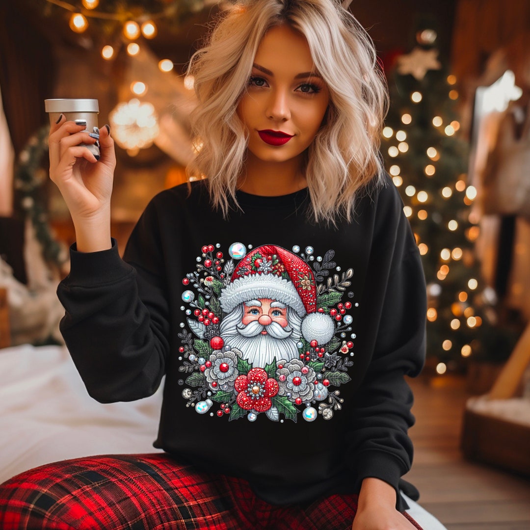 Santa Floral Christmas Faux Rhinestone Effect Ready to Press Transfer ...
