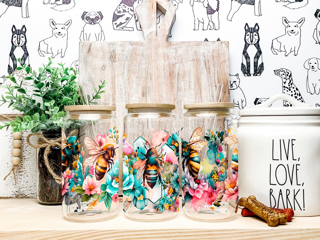 Colorful Bees UV DTF Transfer 16oz Libby Glass Can Wrap Ready to Apply ...