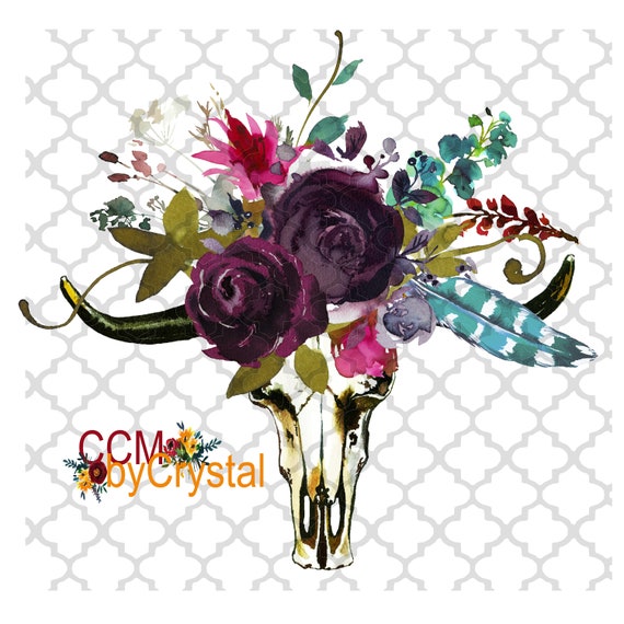 Skull With Flowers and Feather PNG | Etsy