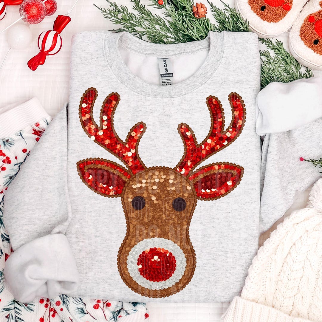 Reindeer Face Rudolph Christmas Faux Fake Sequin Ready to Press DTF ...