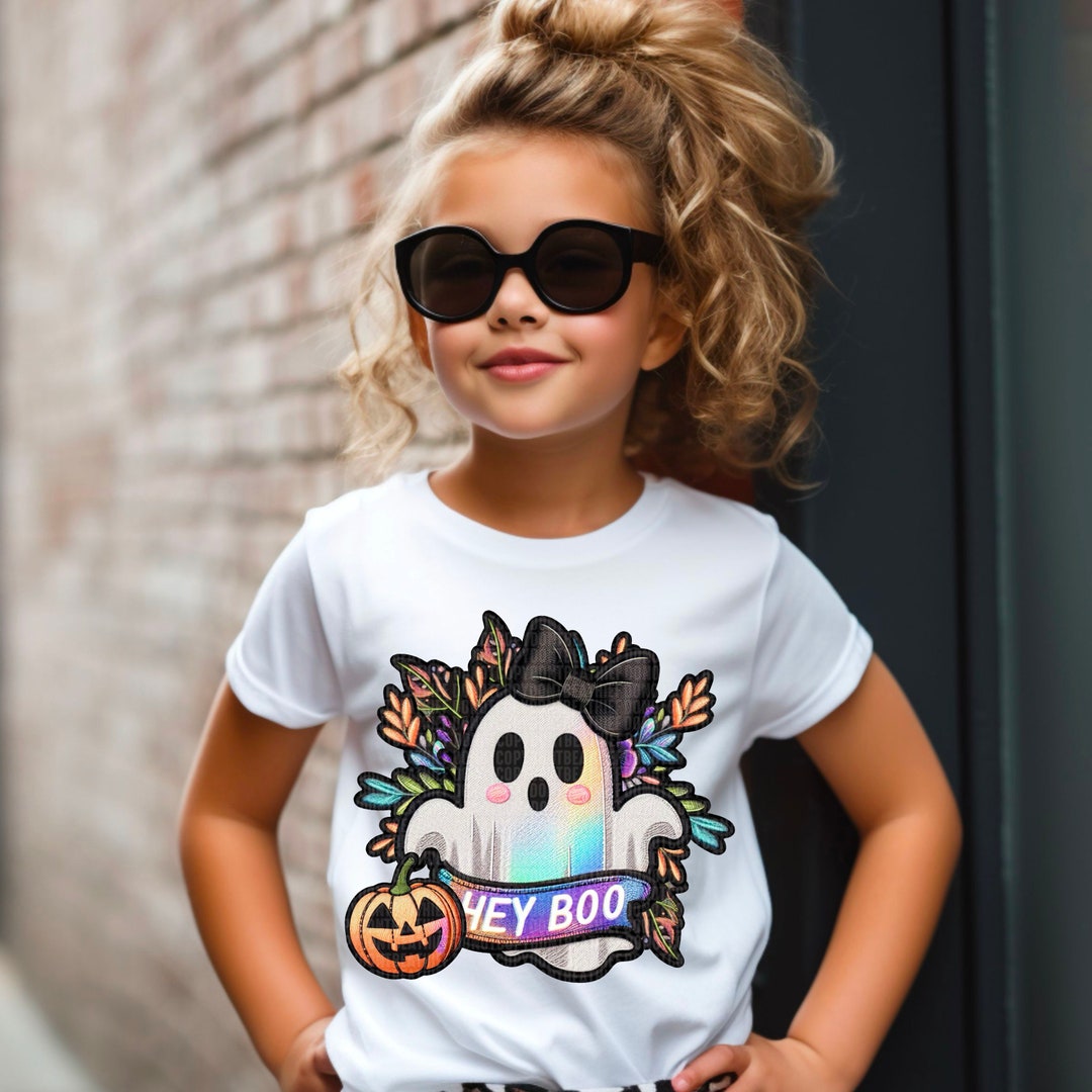 Halloween Ghost Hey Boo Faux Embroidery Faux Holographic Ready to Press ...