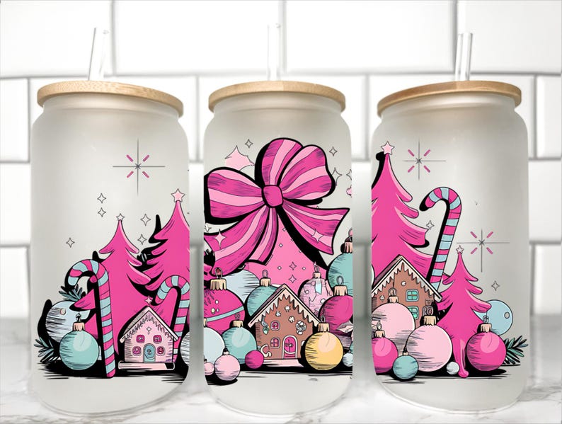 Christmas Pink Gingerbread Houses DTF Transfer 16oz Libby Glass Can ...