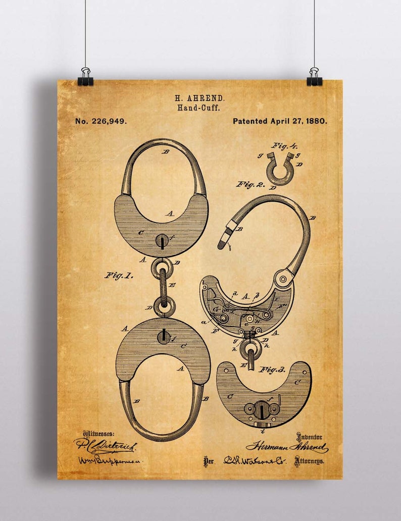 Handcuffs 1880 Patent Handcuff Patent Poster Handcuffs - Etsy