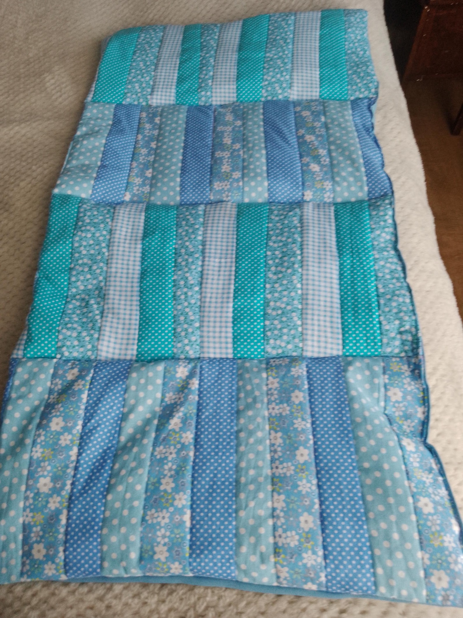 Baby Blue / Green Quilted Patchwork Striped Cot Quilt 38 in X 19 in ...