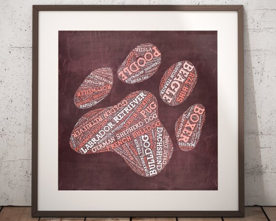 Dog Paw Print Poster Made From A List of the Most Popular Dog | Etsy