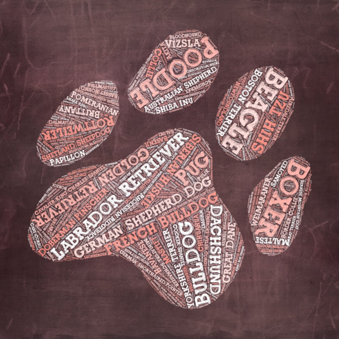 Dog Paw Print Poster Made From A List of the Most Popular Dog Breeds ...
