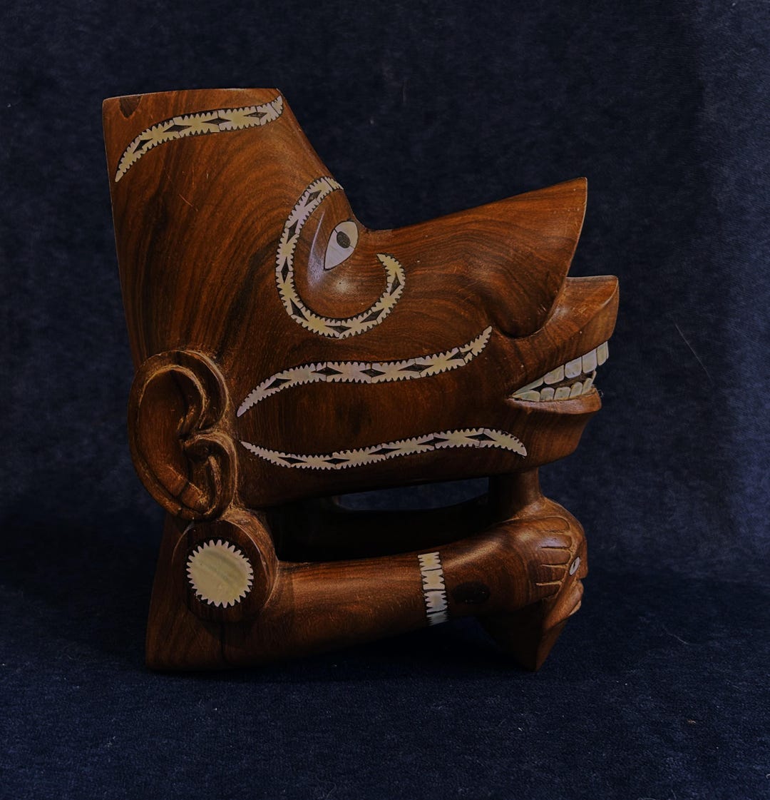 Vintage Large Solid Wood Hand Carved NGUZU NGUZU Mother of Pearl ...