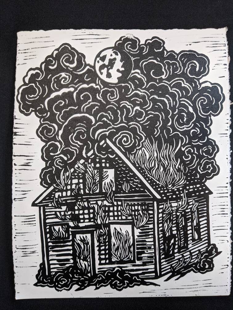 House on Fire Linocut Print - Etsy