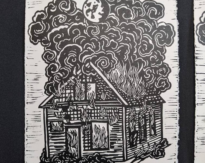 House on Fire Linocut Print - Etsy