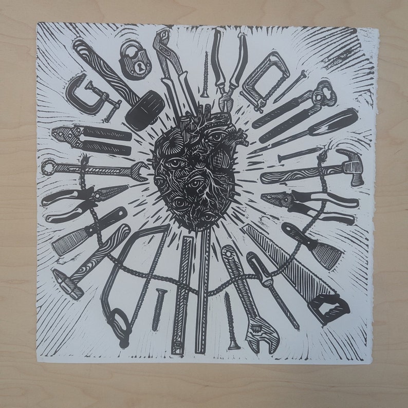 Heart and Tools Relief Print - Etsy
