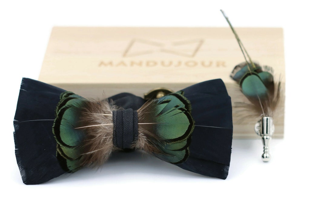 Handmade Feather Bowtie - Green on Black Feather Bow Tie With Feather ...