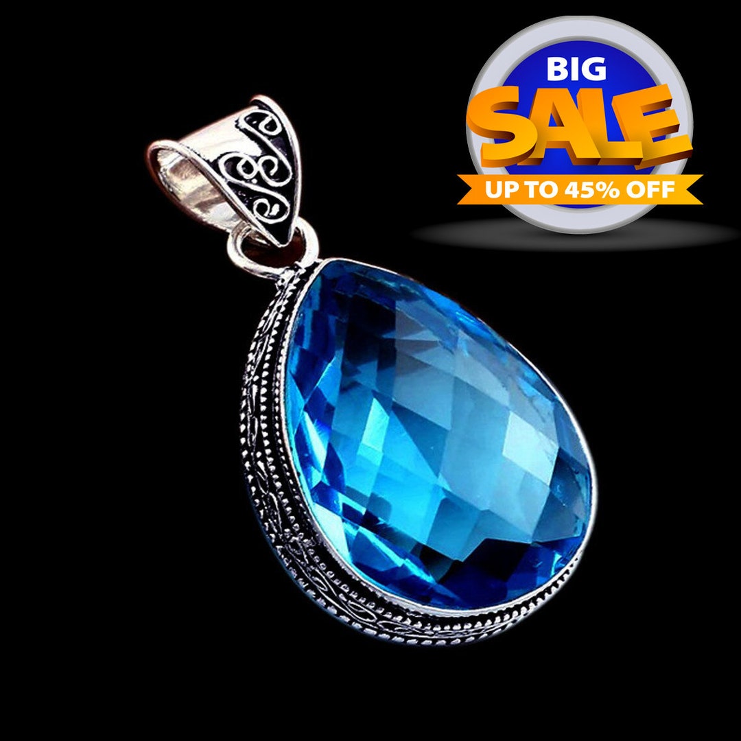 December Birthstone, Blue Topaz Pendant, Pear Shape Pendant, Faceted ...