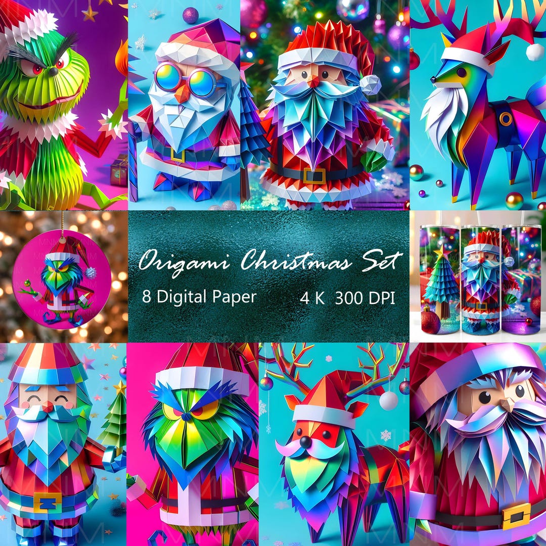 Origami Christmas Set , 8 Christmas Digital Paper, Santa Origami, Deer ...