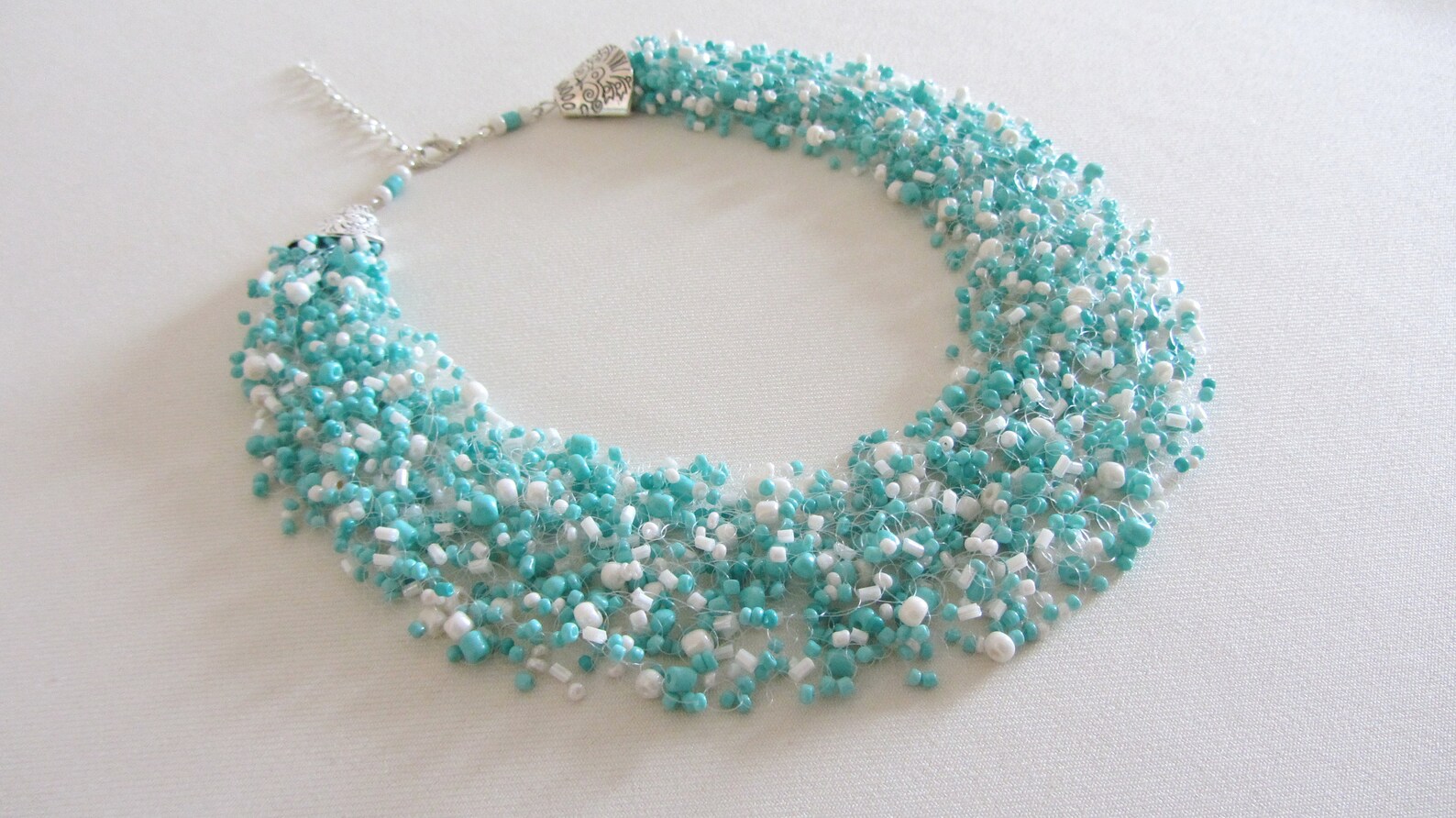 Beaded necklace jewelry handmade turquoise white crocheted | Etsy