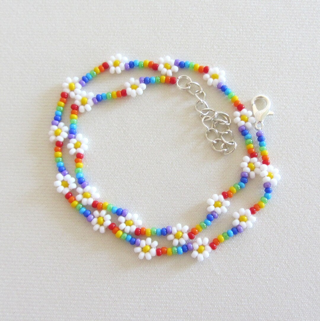 Rainbow Daisy Chain Choker Colorful Beaded Choker Necklace Seed Bead ...