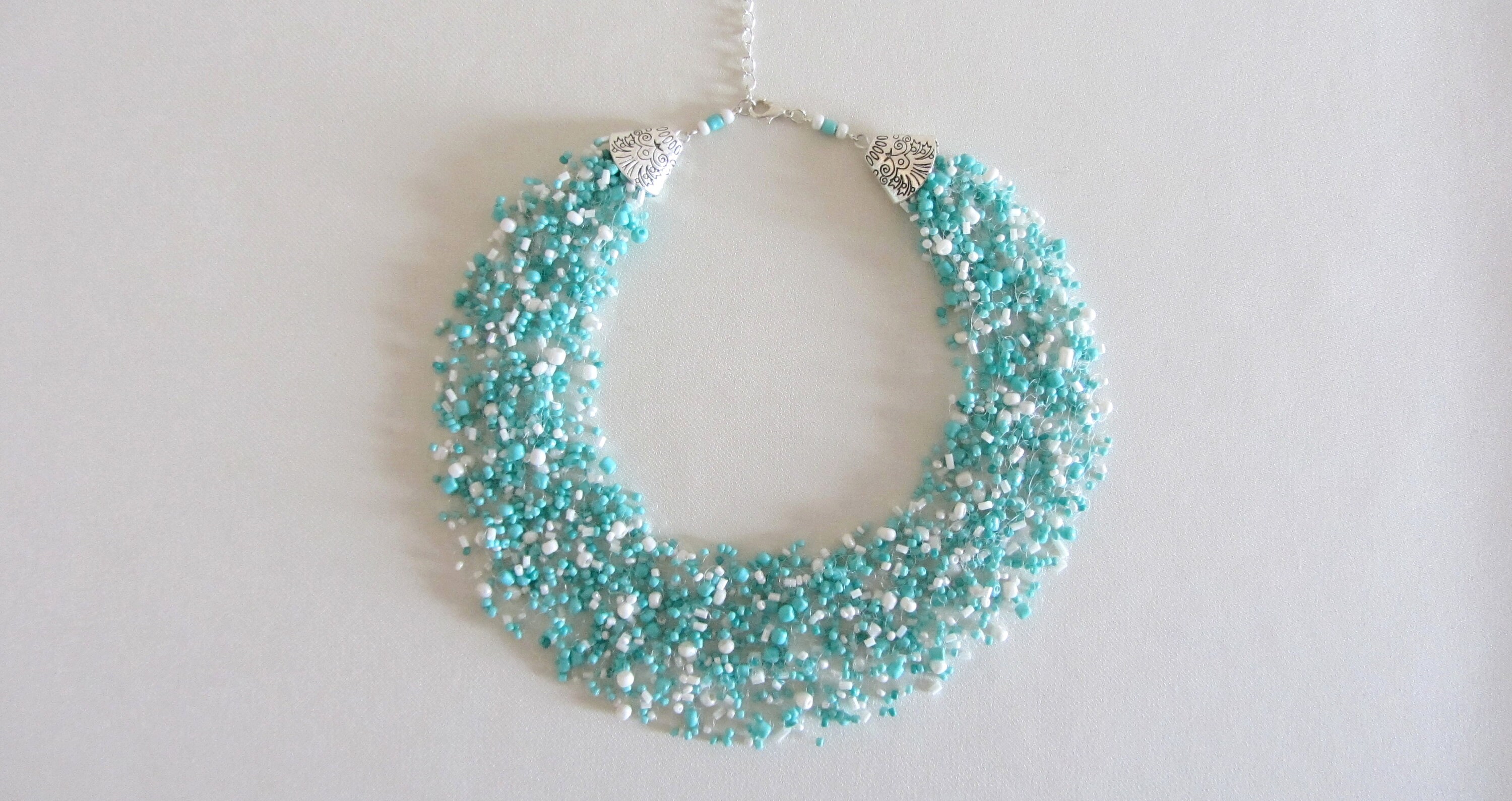 Beaded necklace jewelry handmade turquoise white crocheted | Etsy