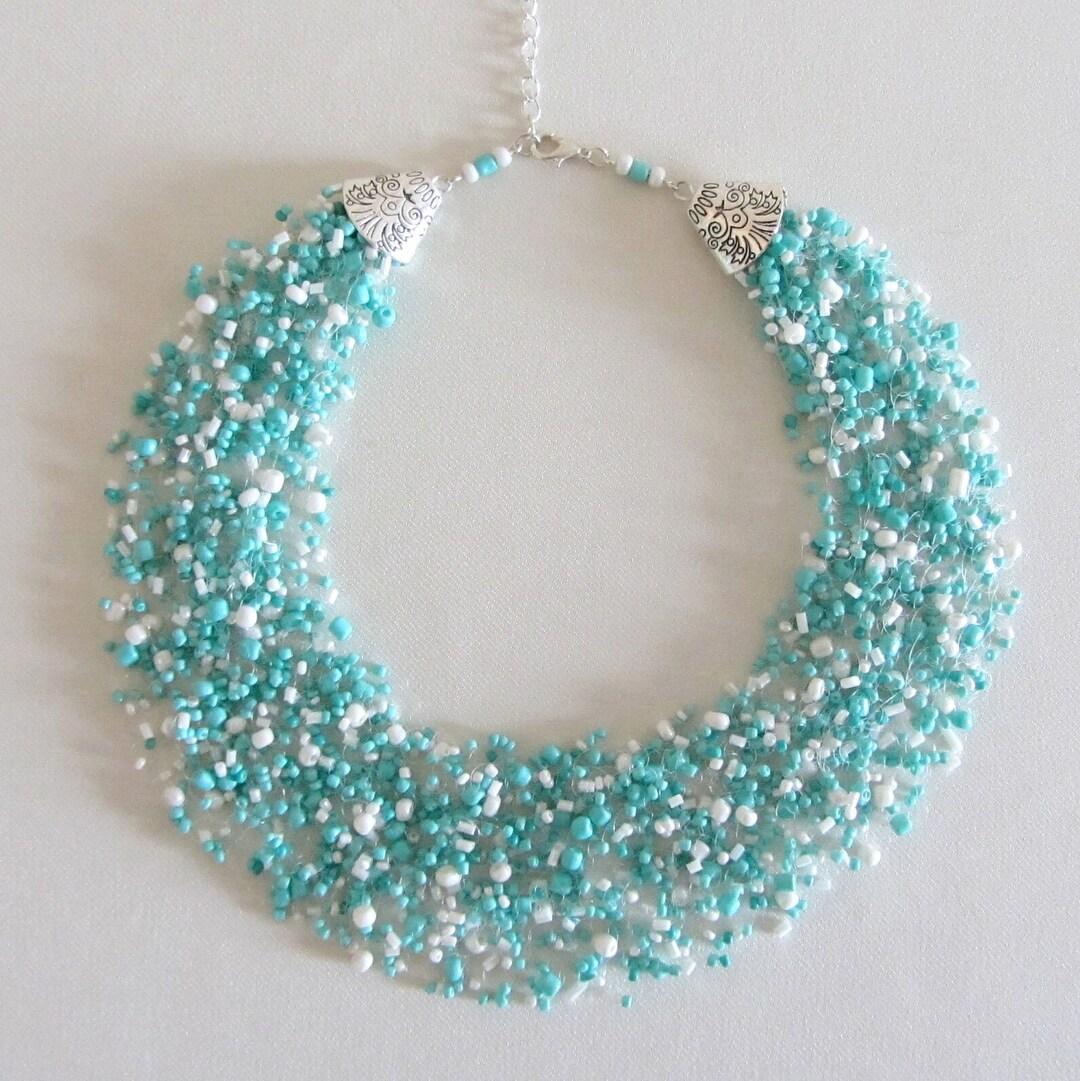 Beaded Necklace Jewelry Handmade Turquoise White Crocheted Necklace ...