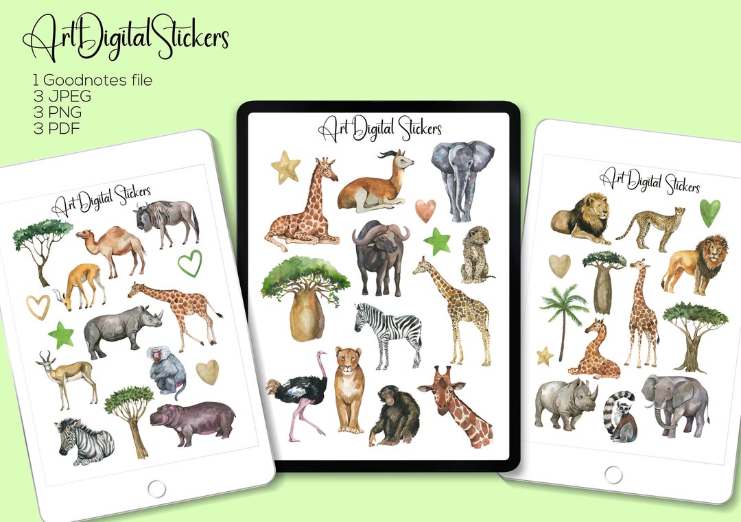 Watercolor African Animals Digital Stickers, School Stickers, Planner ...