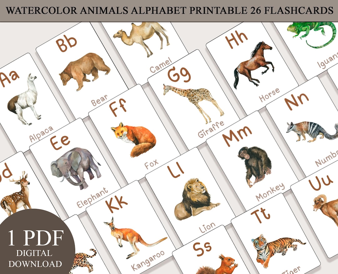 Animals Alphabet Flashcards, Learning Flashcards, Ready to Print PDF ...