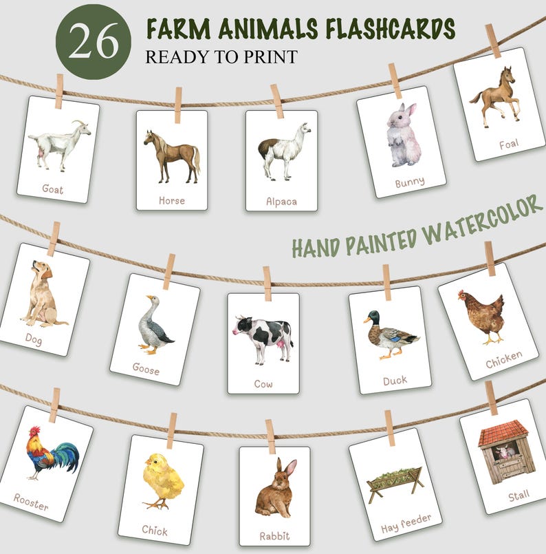 Farm Animals Flashcards, Learning Cards, Ready to Print PDF Animals ...