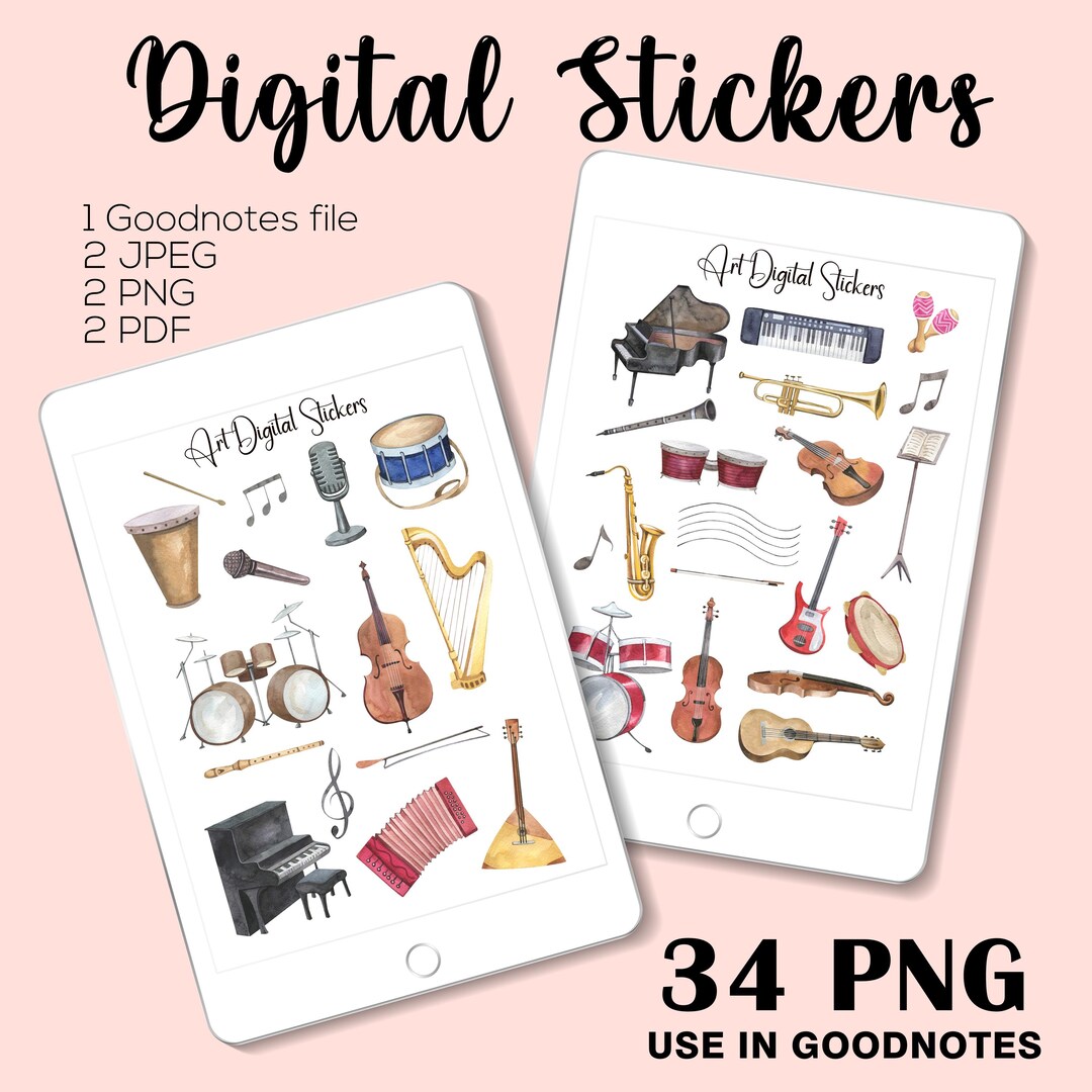 Watercolor Music Stickers: Instruments for Goodnotes Planner (digital ...