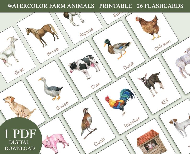 Farm Animals Flashcards, Learning Cards, Ready to Print PDF Animals ...