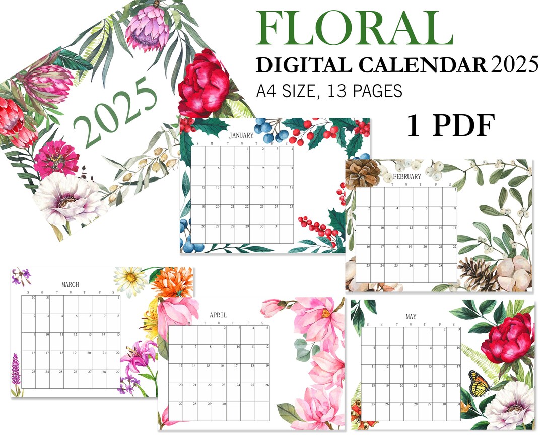 Digital Floral Calendar 2025 Watercolor Printable Calendar, Monthly ...