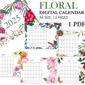 Digital Floral Calendar 2025 Watercolor Printable Calendar, Monthly ...