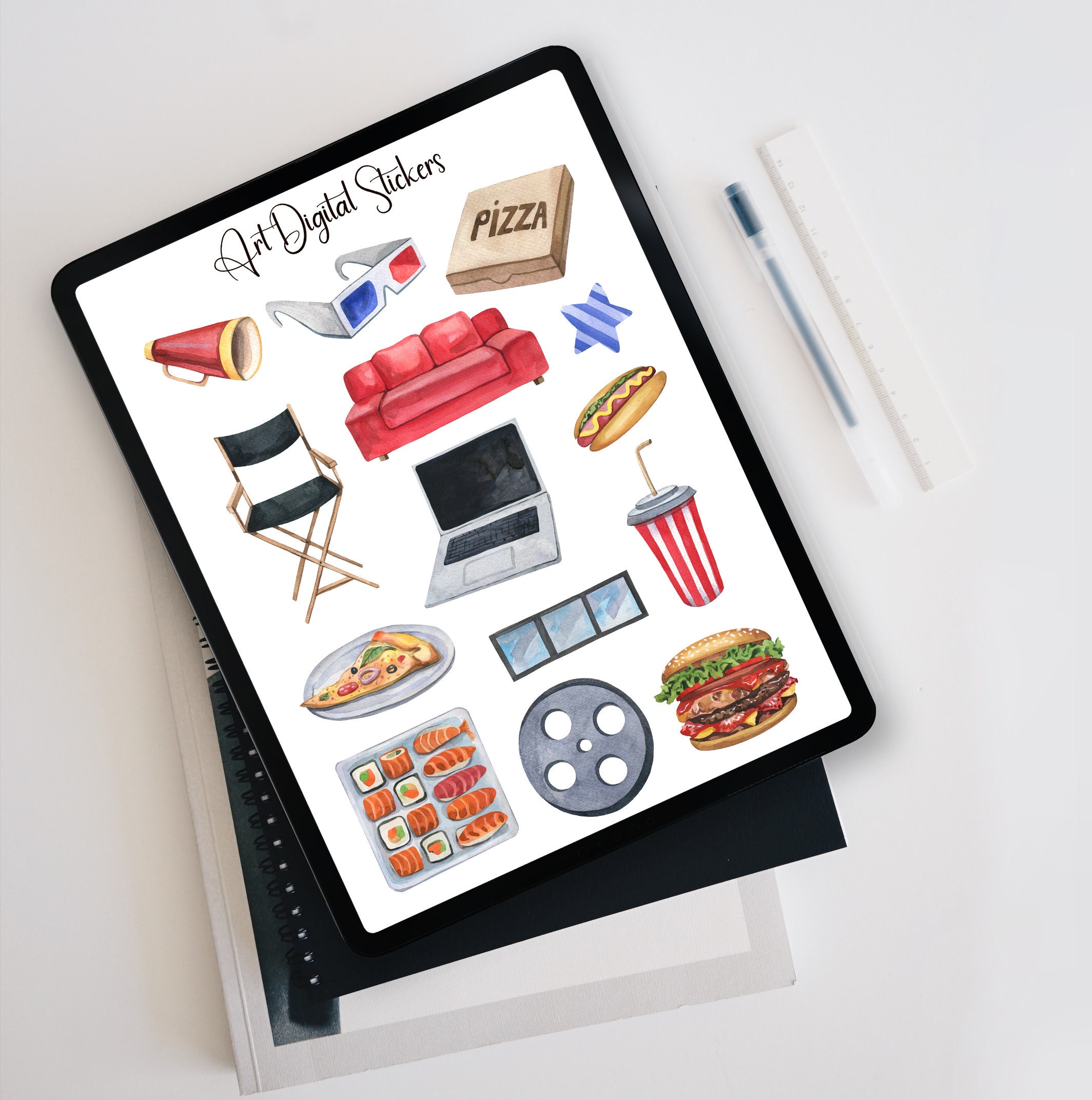 Watercolor Movie Night Stickers: Cinema Planner, Goodnotes (digital ...