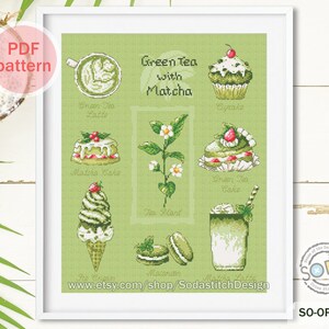 Green Tea Cross Stitch Pattern,tea Plant Matcha Latte Ice Cream Cup ...
