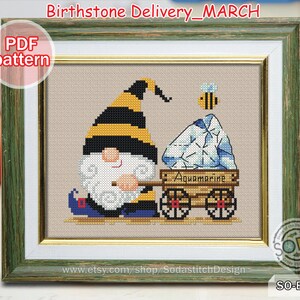 MARCH Birthstone Delivery Gnome Aquamarine Cross Stitch Pattern Pdf Fairy Elf Pixie Sprite ...