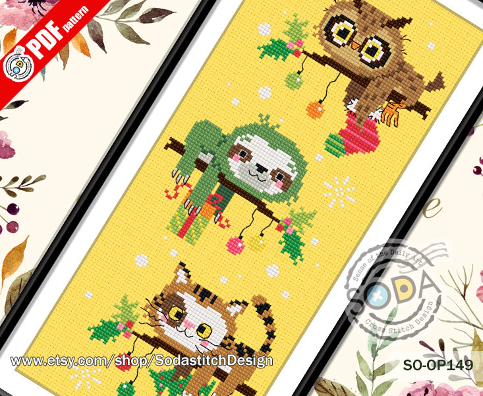 Chrstmas Owl Sloth Cat Animal Cross Stitch Patterncute Modern - Etsy