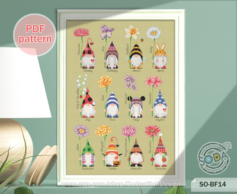 Birth Month Flower Cross Stitch Pattern Pdf 12 Month Gnome | Etsy
