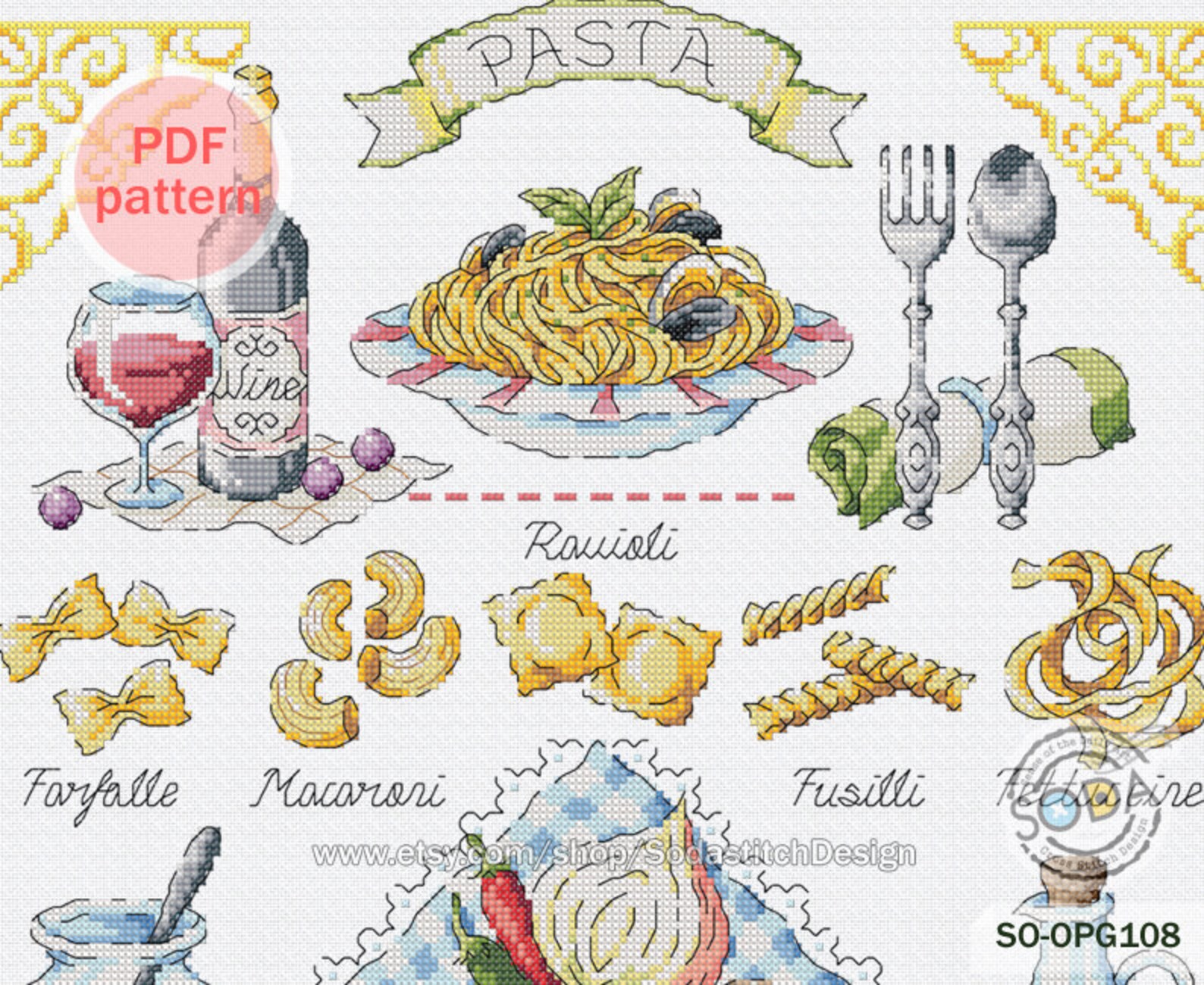 Cross Stitch Pattern Pdf Kitchen Dining Room Decor Macaroni Onion ...