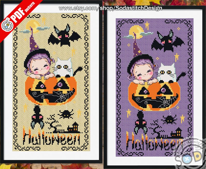 Halloween Cross Stitch Pattern Pdf Fun Cute Pumpkin Cat - Etsy