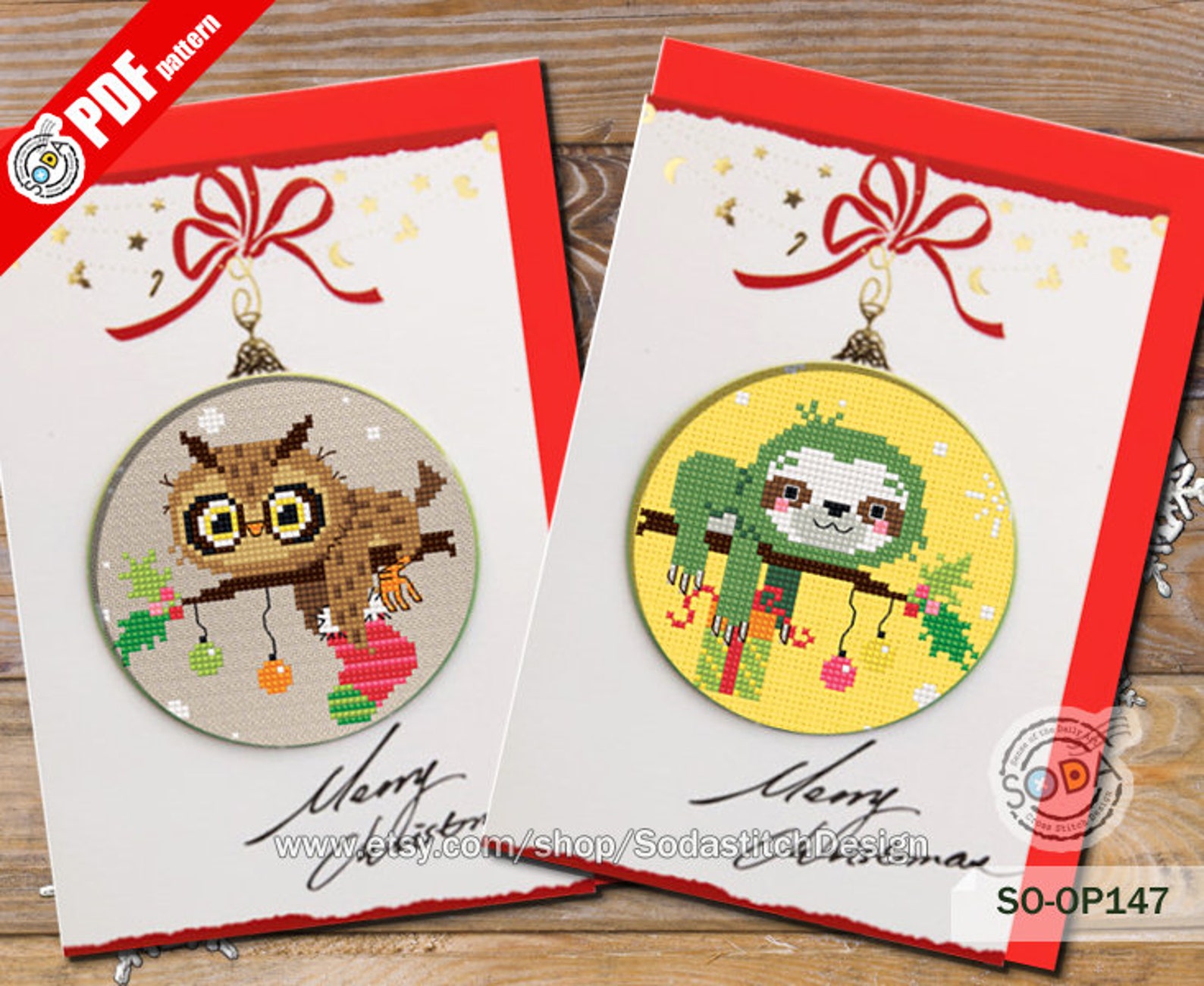 Chrstmas Owl Sloth Cat Animal Cross Stitch Patterncute Modern - Etsy