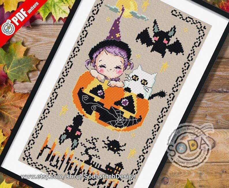 Halloween Cross Stitch Pattern Pdf Fun Cute Pumpkin Cat - Etsy
