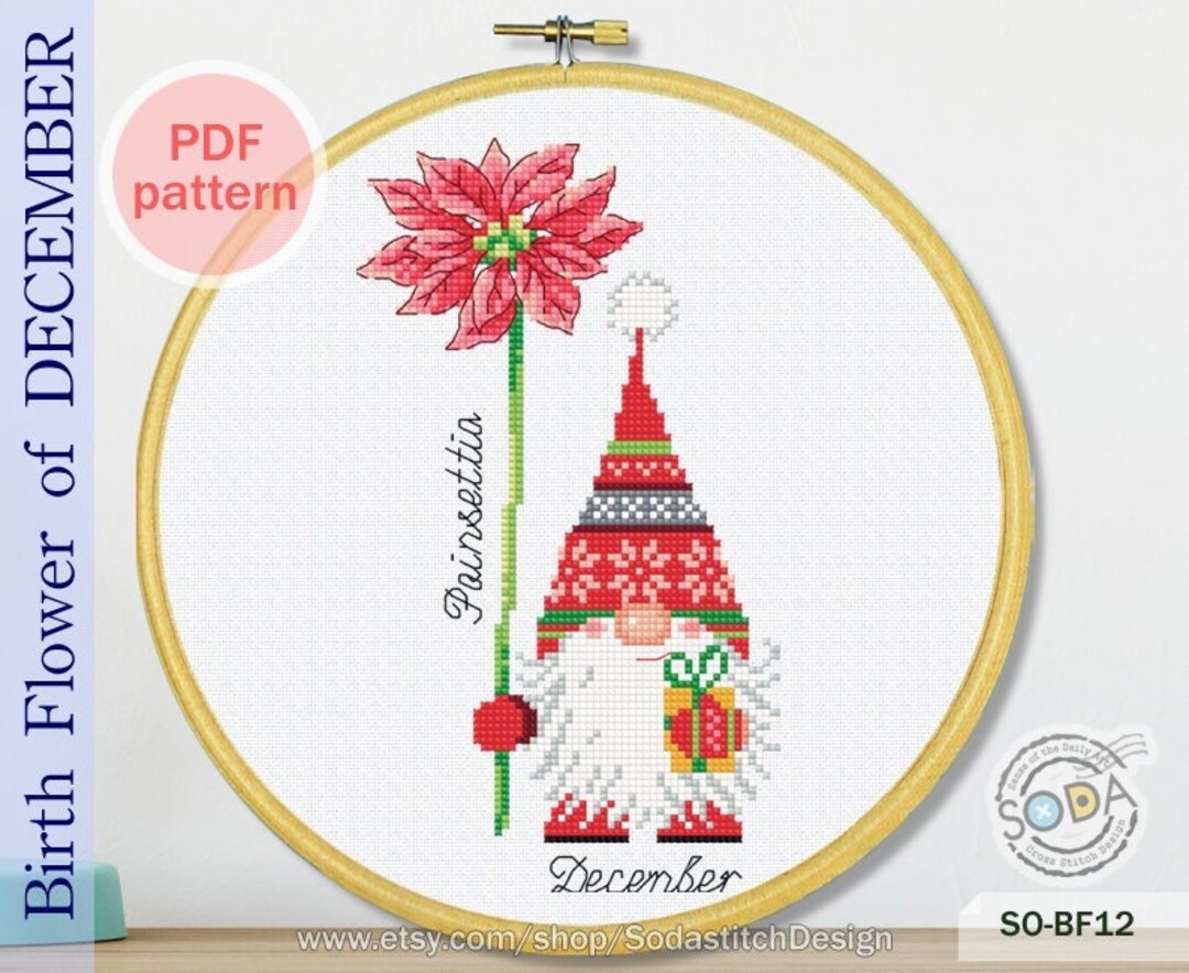 Birth Month Flower,december,gnome Cross Stitch Pattern,pdf Chart ...