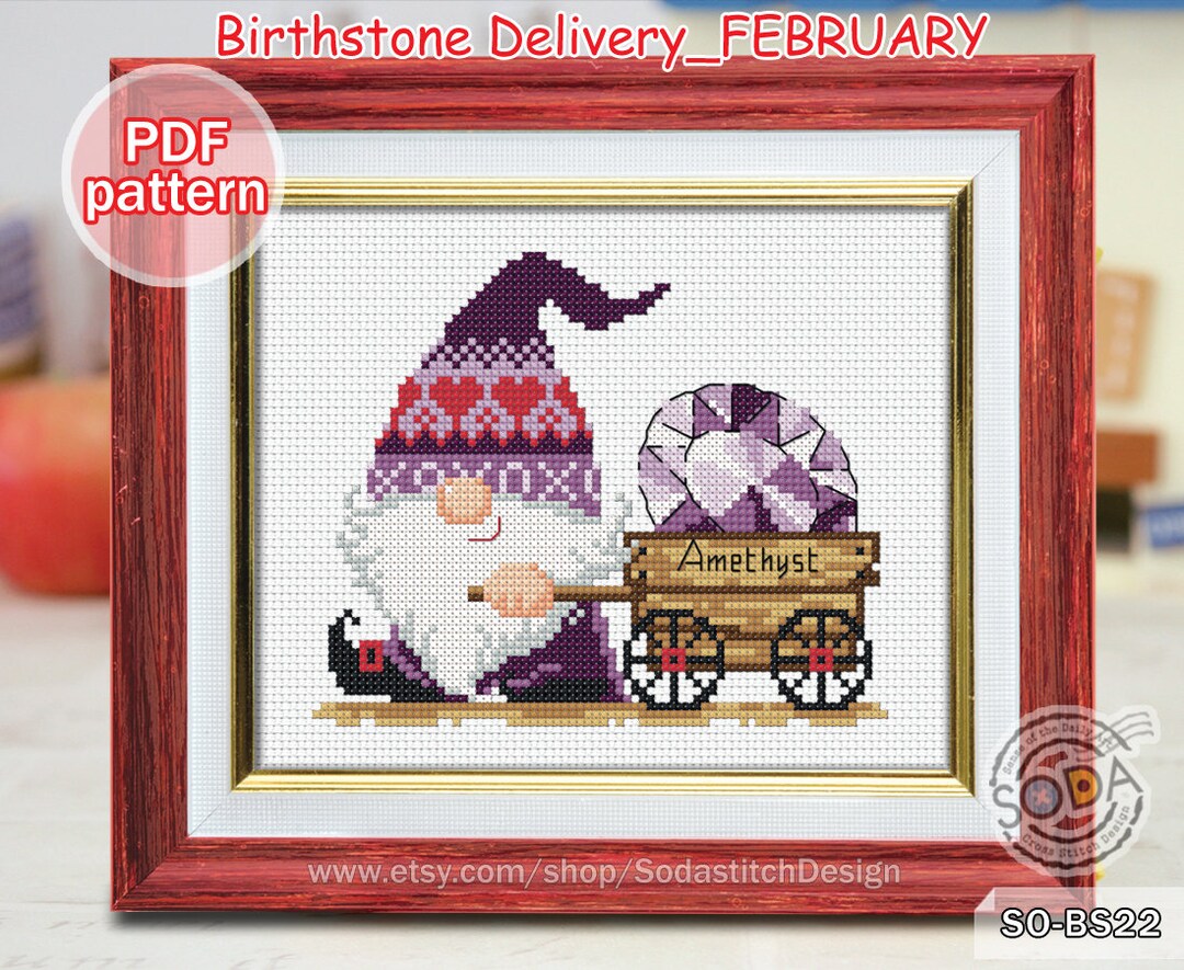 FEBRUARY Birthstone Delivery Gnome Amethyst Cross Stitch Pattern Pdf Fairy Elf Pixie Sprite ...
