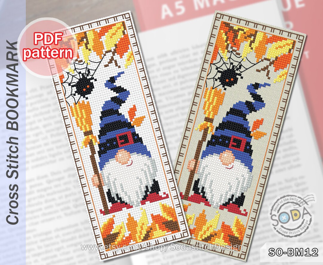 Bookmark Cross Stitch Pattern Pdf Autumn Fall Halloween Gnome Elf Pixie ...