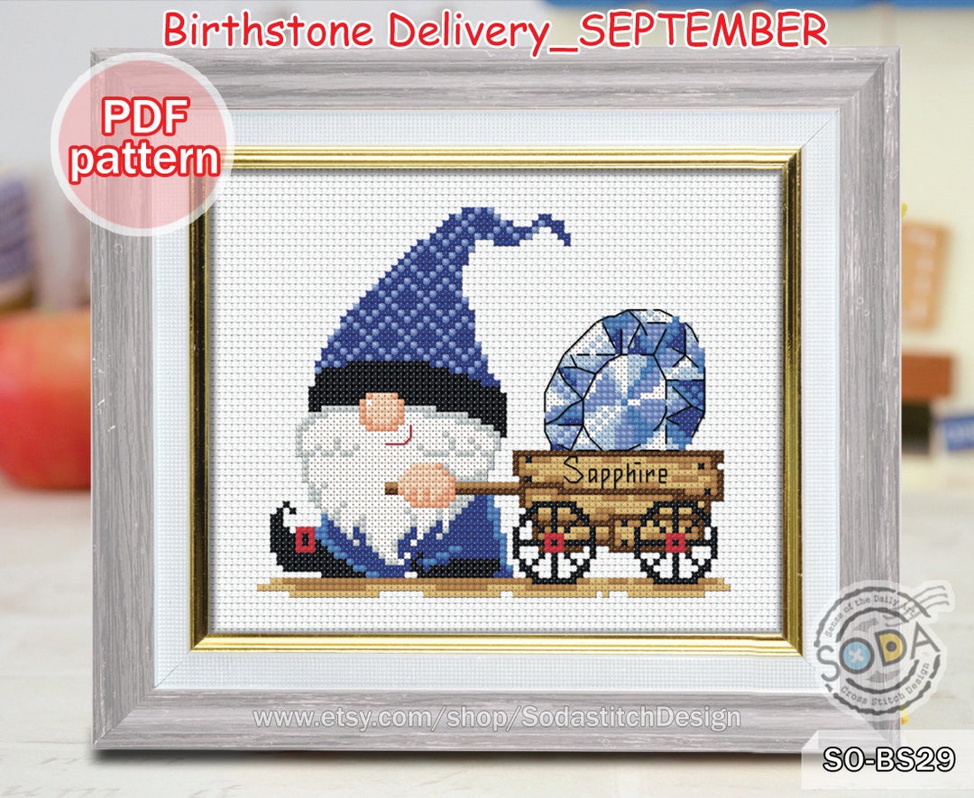 SEPTEMBER Birthstone Delivery Gnome Sapphire Cross Stitch Pattern Pdf Fairy Elf Pixie Sprite ,SO ...